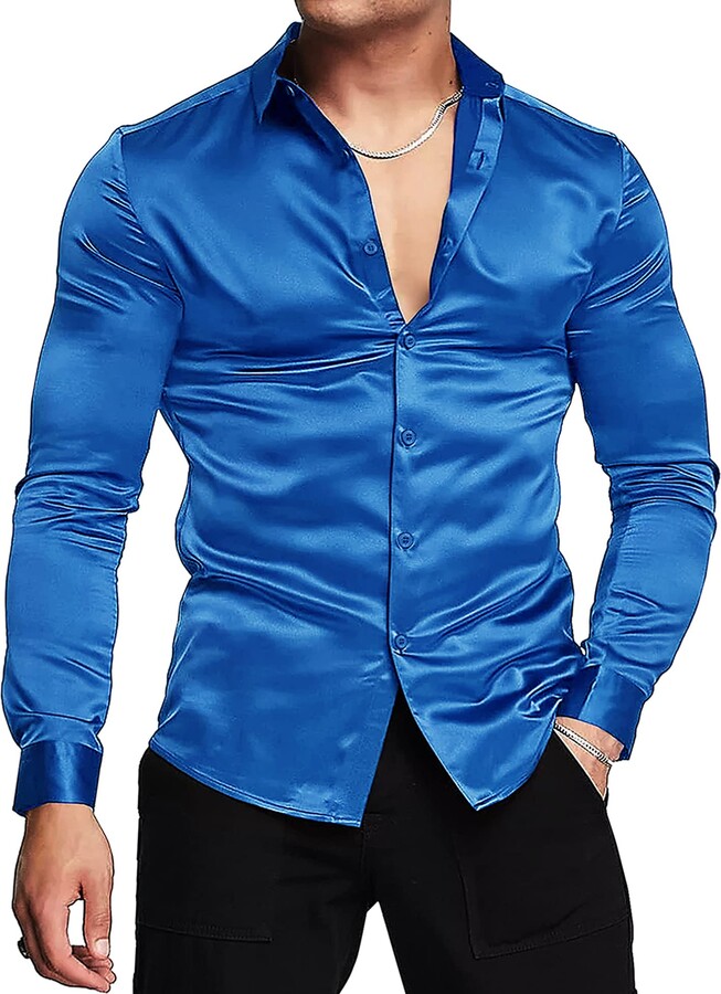 URRU Men's Luxury Shiny Silk Like Satin Dress Shirt Long Sleeve Casual Slim Fit Muscle Button Up ...