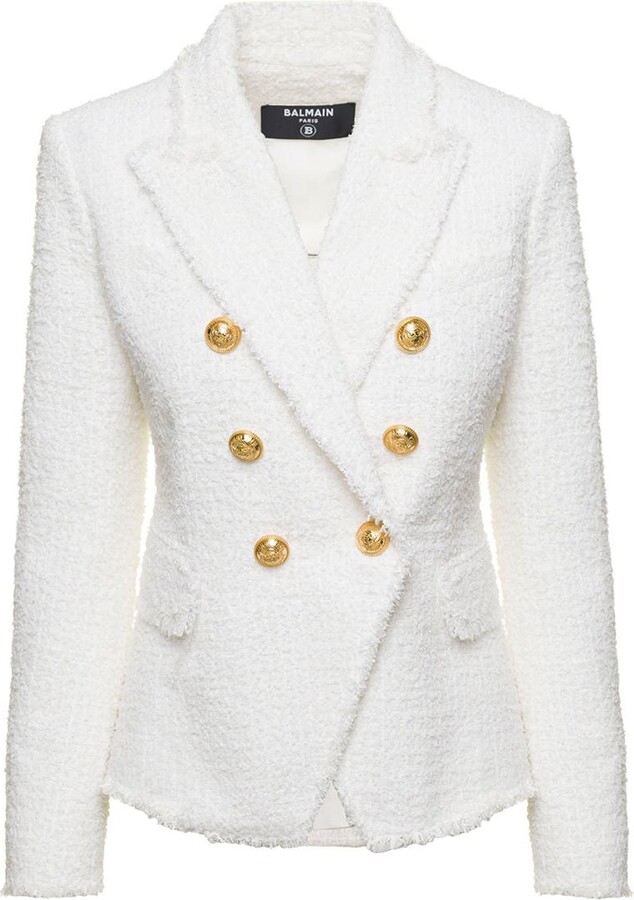 Balmain White Double-Breasted Jacket with Gold-Colored Branded Buttons in Tweed Woman ...
