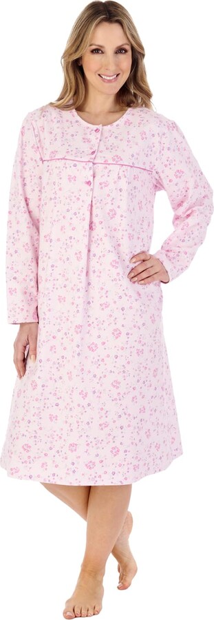 Slenderella Ladies Floral Brushed Cotton Nightdress Long Sleeve ...