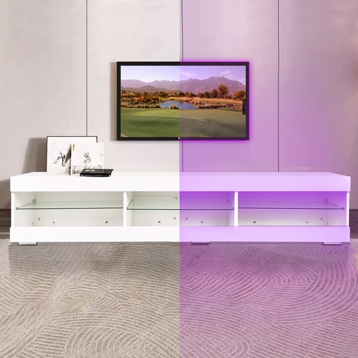 LED TV Stand Entertainment Center with Storage and Glass Shelves ...