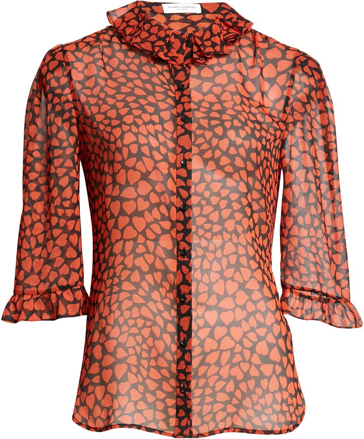 Saint Laurent Heart Print Ruffle Silk Blouse - ShopStyle