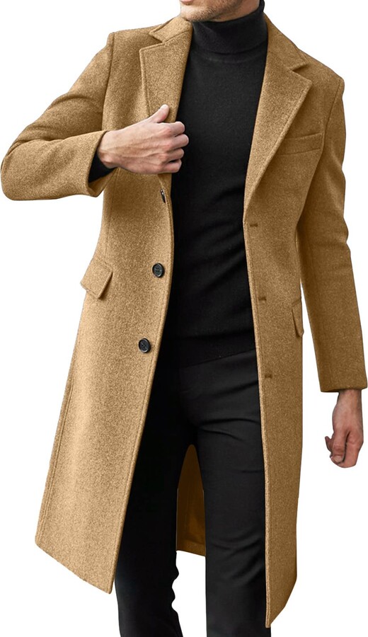 VESNIBA Wool Blend Pea Coat Men Trench Coat Slim Fit Notched Collar ...