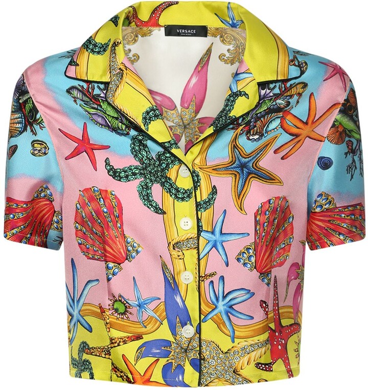 Versace Mer print silk twill crop pajama shirt - ShopStyle Tops