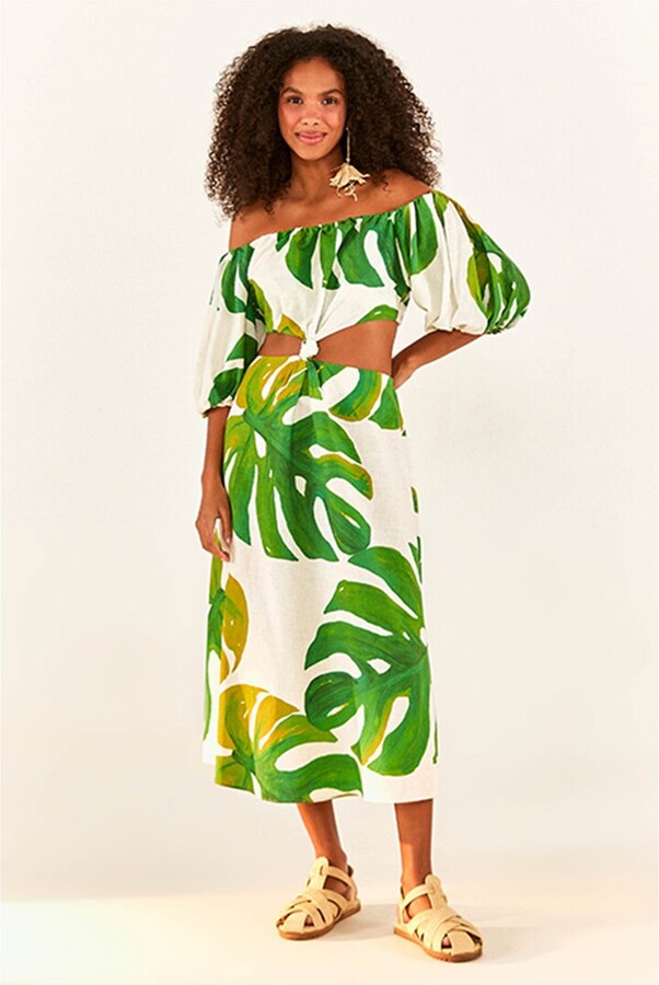 Farm Rio Monstera Cutout Waist Linen-Blend Midi Dress - ShopStyle