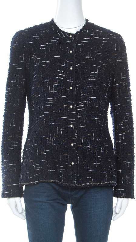 Chanel Navy Blue Metallic Tweed Pearl Embellished Jacket L - ShopStyle