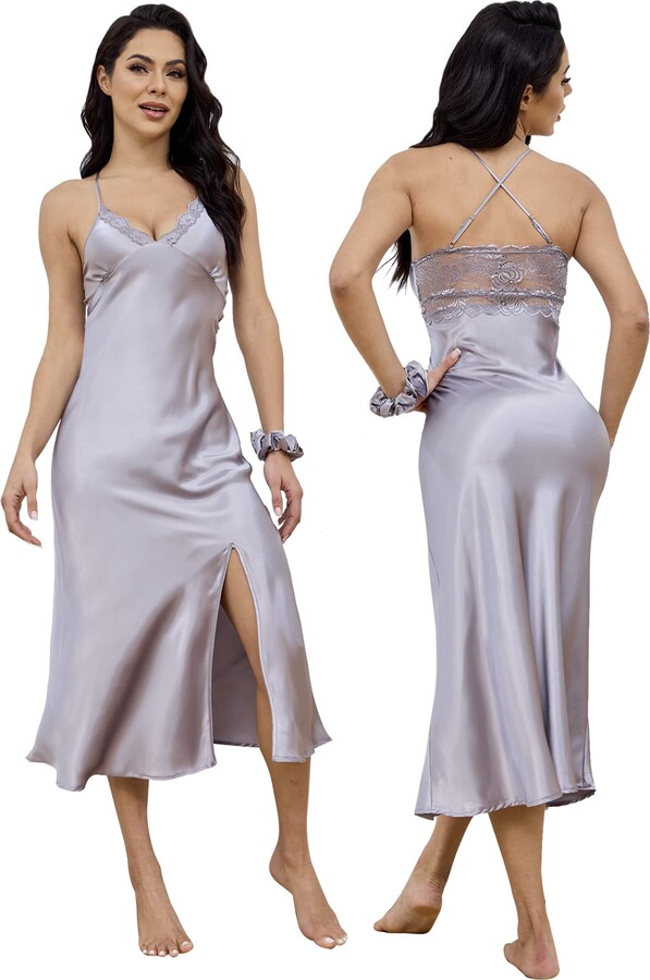 Alcea Rosea Women Satin Silk Nightdress Sexy Lace Nightgowns V Neck ...