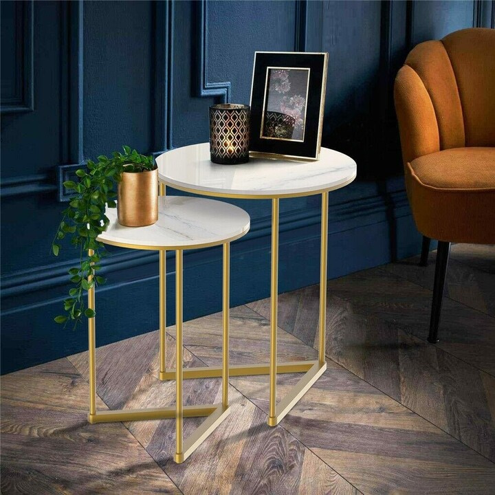 UNHO 2 Pieces Modern Faux Marble Round Coffee Nesting Table Storage ...