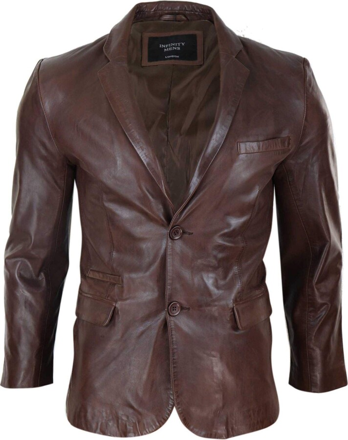Infinity Leather Mens Slim Fit Classic Genuine Leather 2 Button Blazer Jacket Vintage - Brown XL ...