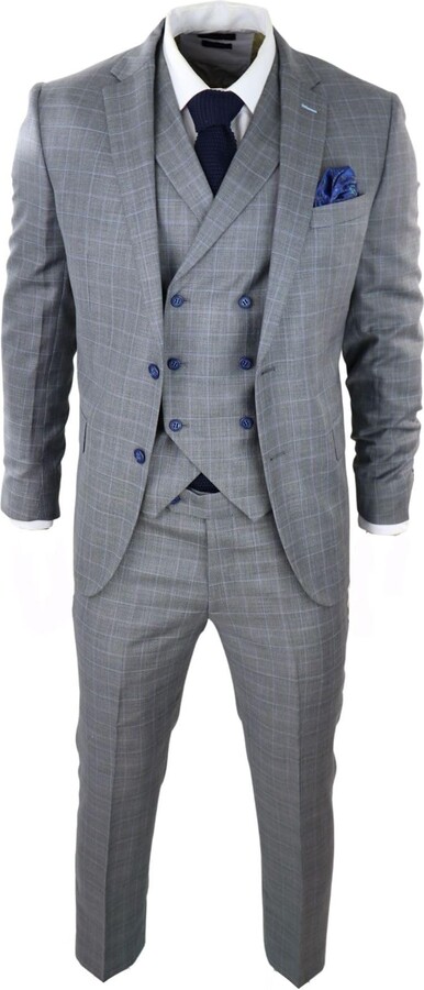 TruClothing.com Mens Light Grey 3 Piece Suit Blue Check Double Breast ...
