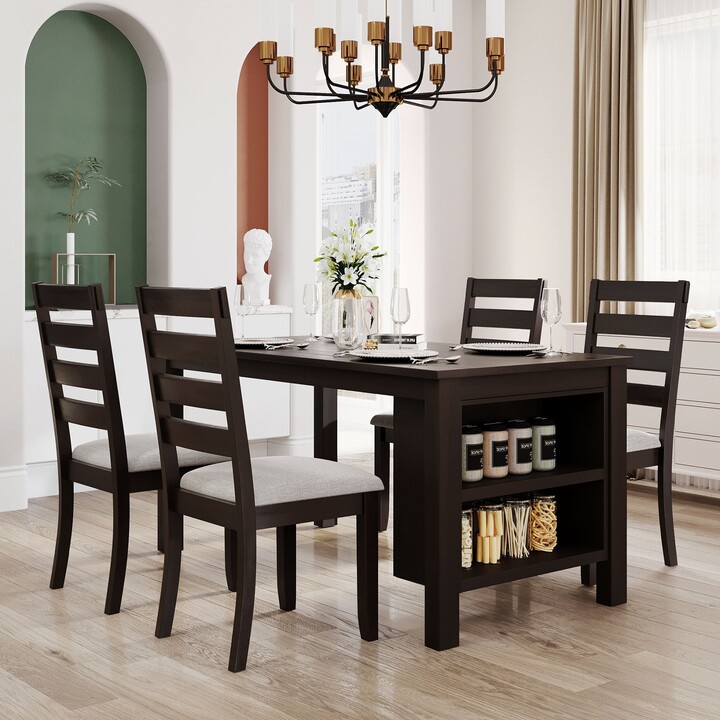 Nestfair Farmhouse 5-Piece Dining Table with 2-Tier Storage Shelves and 4 Padded Dining Chairs ...