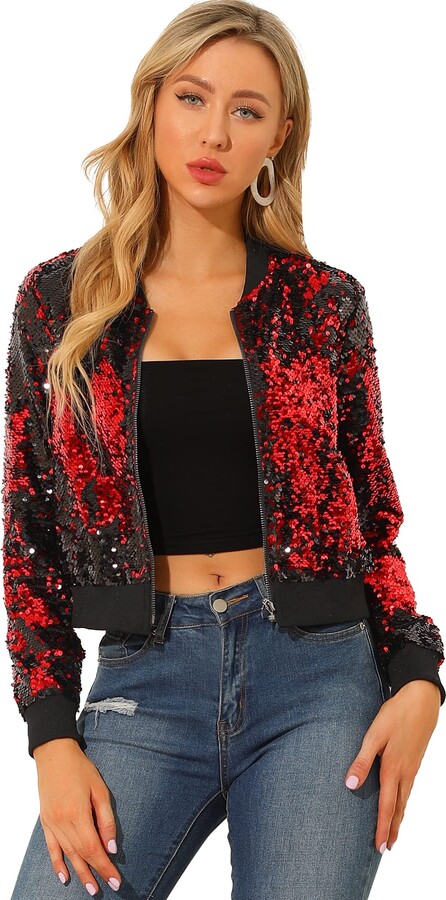 Allegra K Women's Sequin Jackets Long Sleeve 2023 Zipper Up Collarless ...