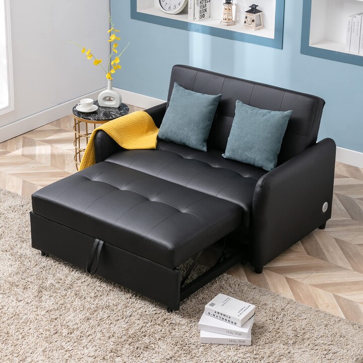 HUAHOME Modern PU Leather Convertible Sofa Sleeper Couch with Dual USB ...
