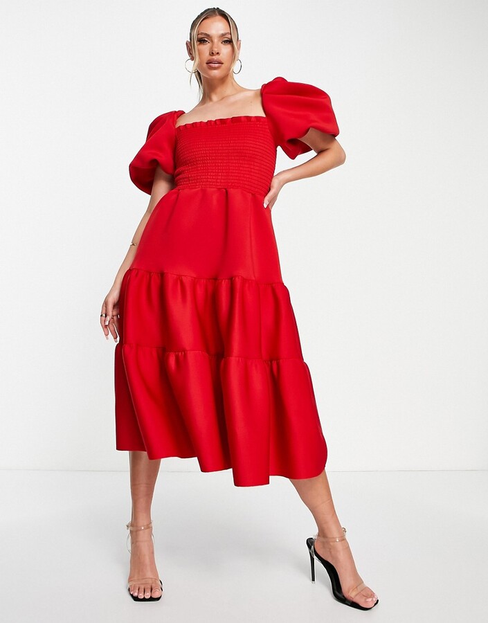 Asos Design Shirred Puff Sleeve Tiered Prom Midi Dress In Red Shopstyle