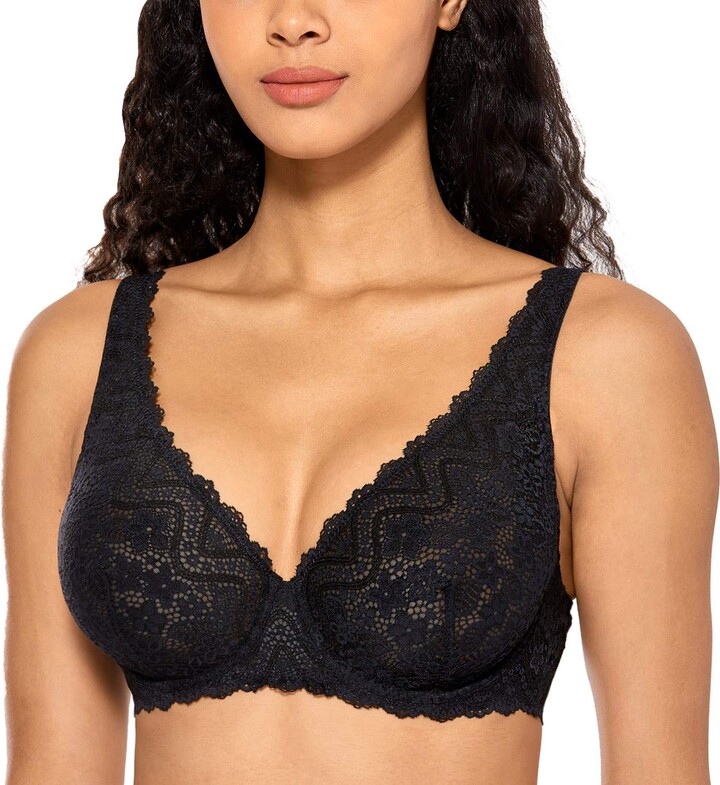 DOBREVA Women's Plunge Lace Bra Plus Size Sexy See Through Underwired Non Padded Bralette Black ...