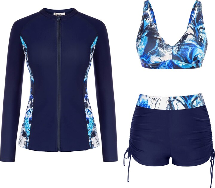 JASAMBAC Womens Long Sleeve Front Zip Rash Guard Sun Protection Printed ...