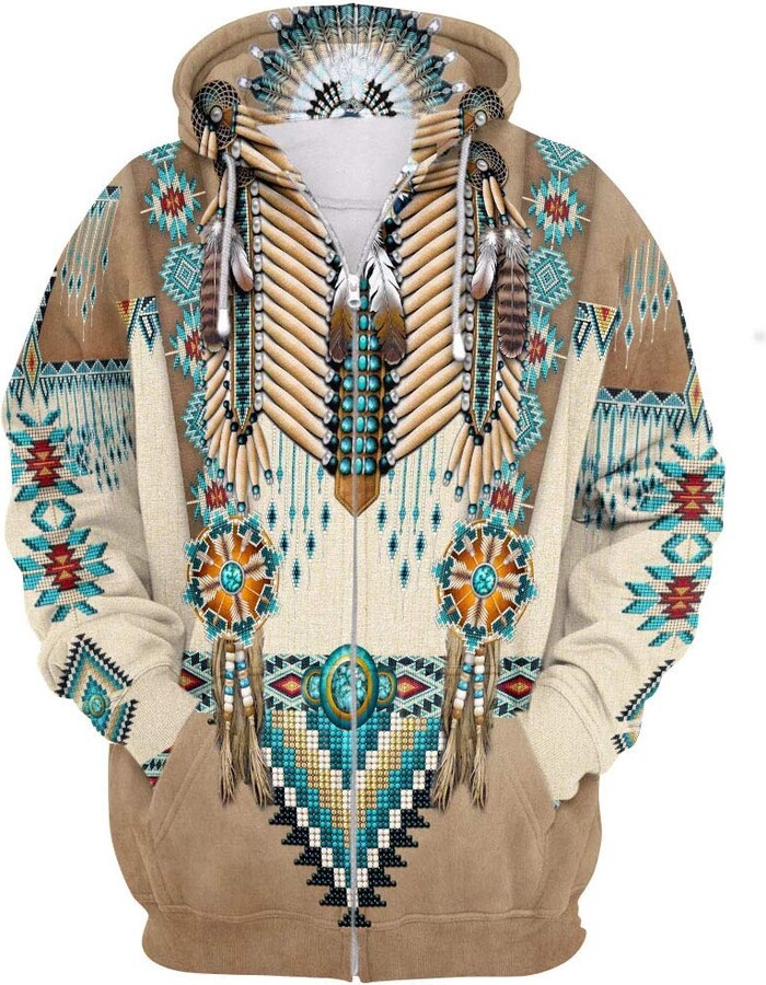 oneforus Men's Hoodie 3D Print Native American Indian Sweatshirts Ethnic Totem Patterns Zip ...