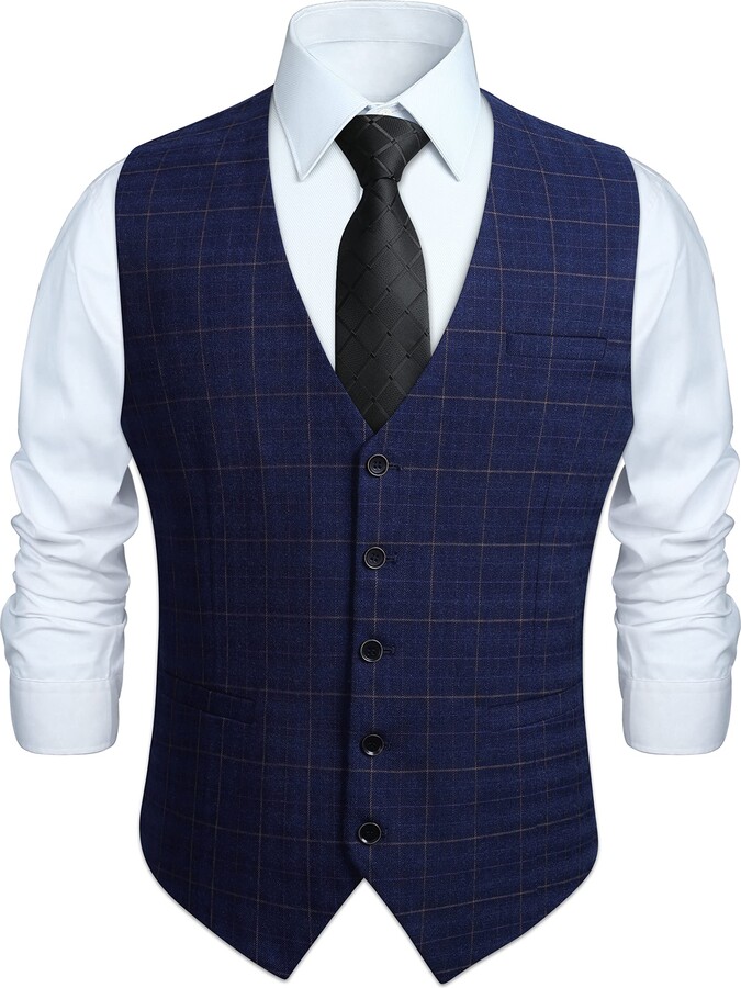 HISDERN Men's Formal Waistcoat Wedding Waistcoats Plaid Classic Check ...