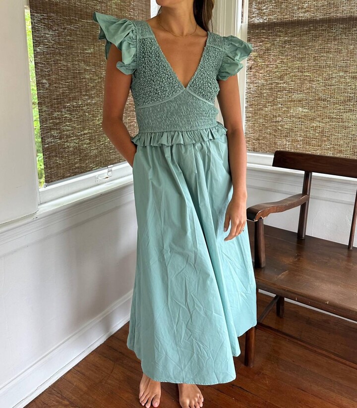 Aureum Robin Smocked Flutter Sleeve Midi Dress In Sage - ShopStyle