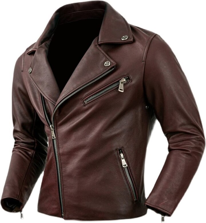 Generic Men’s Maroon Brando Biker Genuine Cow Hide Motorcycle Rider ...