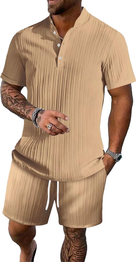 Bealin Men's Summer Beach Outfits 2 Piece Vintage Short Sleeve Henley ...