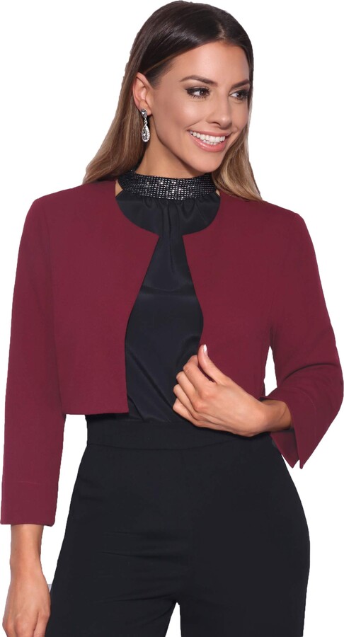 KRISP Women Bow Back Cropped Bolero Jacket 3/4 Sleeve (Wine - ShopStyle