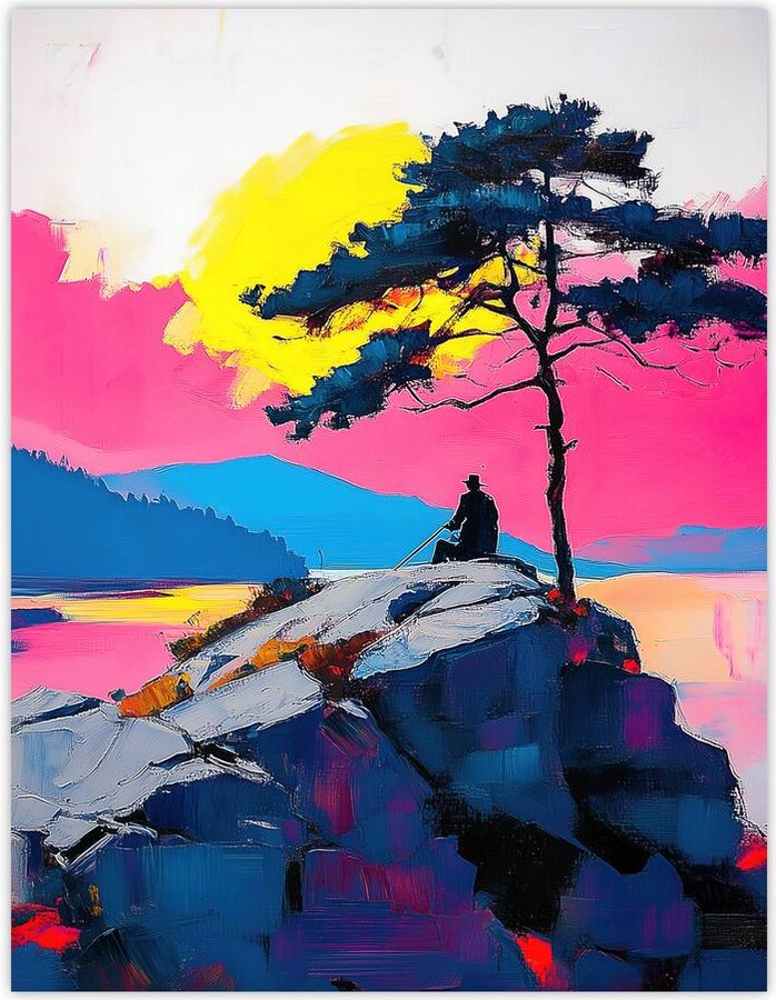 Artery8 Old Man Lone Tree Sunset Coastal Cliff Landscape Wall Art Print - Multi - W24 inch x H32 ...