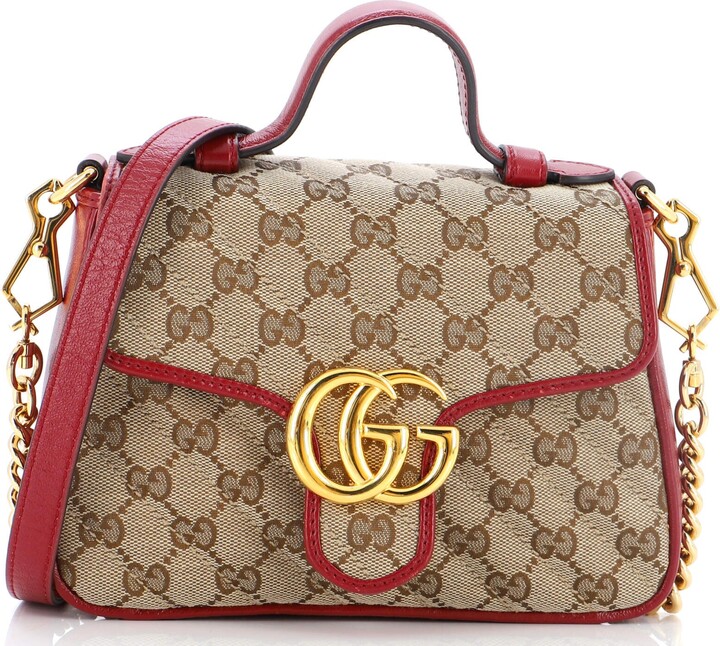 Gucci GG Marmont Top Handle Flap Bag Diagonal Quilted GG Canvas Mini ...
