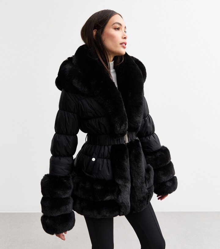 Women's Black Faux Fur Trim Padded Coat Cameo Rose - ShopStyle
