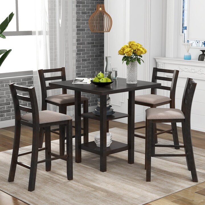 CTEX 5-Piece Solid Wood Counter Height Dining Set, Square Dining Table ...