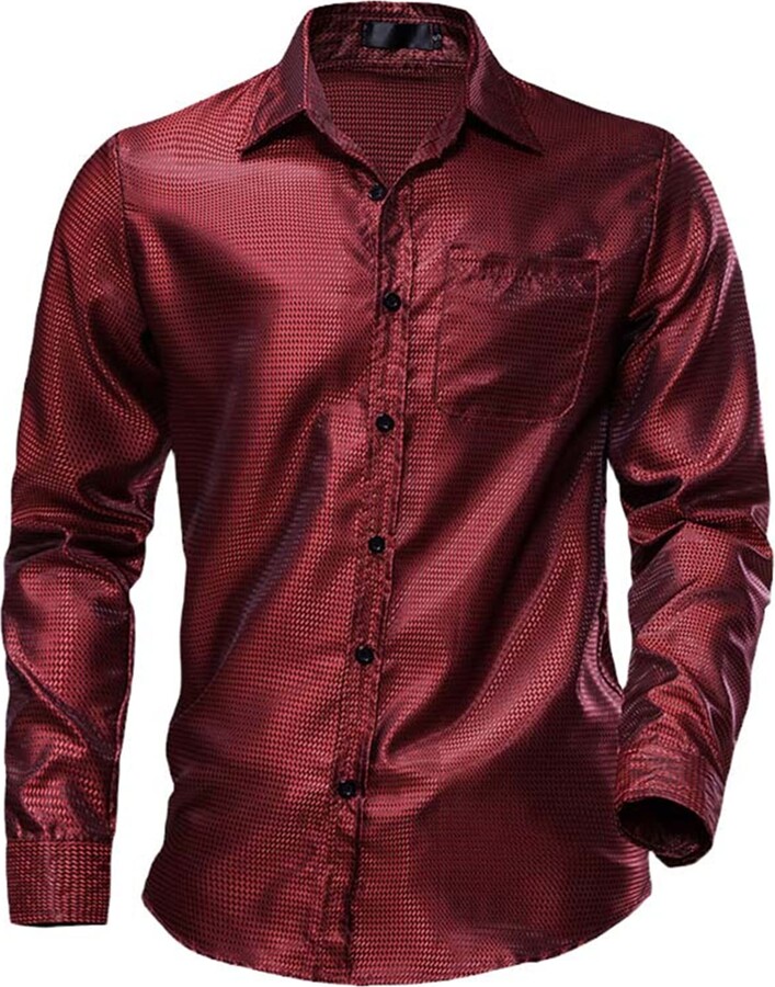 JXQXHCFS Shiny Wine Red Dot Silk Like Shirt Men 70'S Disco Dance Vintge ...