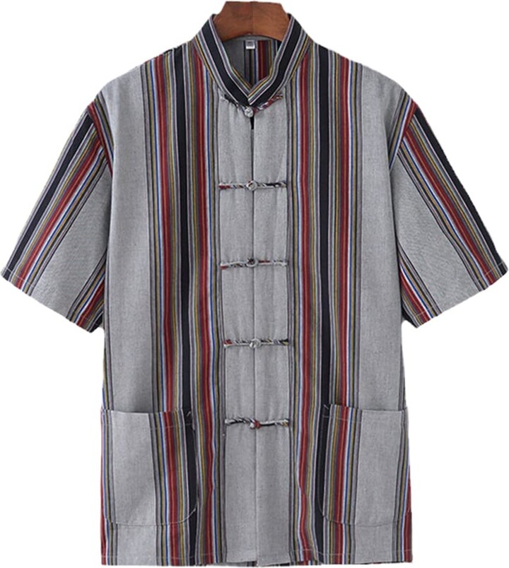 HEAITHpool Striped Men Vintage Tang Shirt Cotton Linen Short Sleeve ...