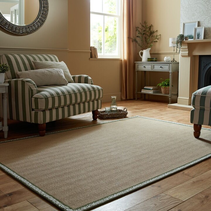 Dunelm Embroidered Herringbone Border Rug Herringbone Border Olive ...