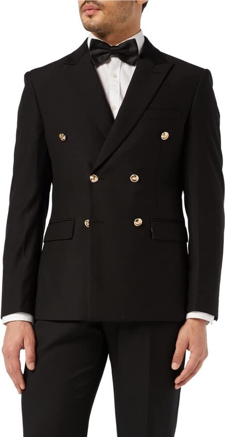 Xposed Mens Classic Fitted Double Breasted Black Blazer Gold Buttons ...