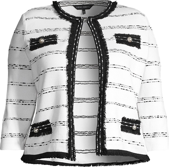 Ming Wang Women's Fringe-Trimmed Striped Knit Jacket - White Black ...