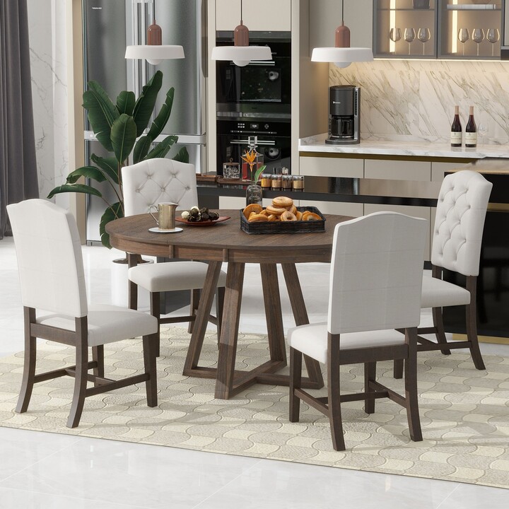 Aoolive 5-Piece Retro Style Dining Set, Round Extendable Table and ...