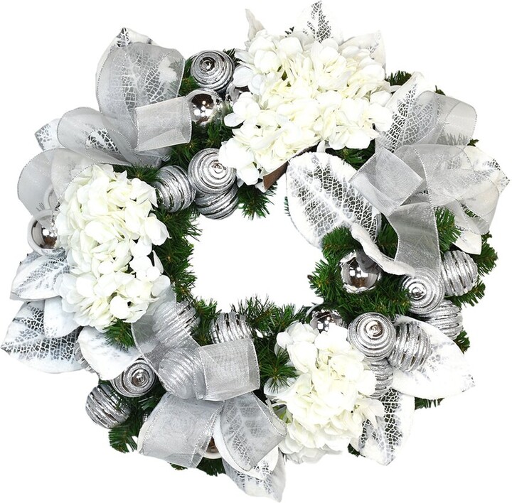 Creative Displays 26In Evergreen Holiday Wreath With White Hydrangeas ...