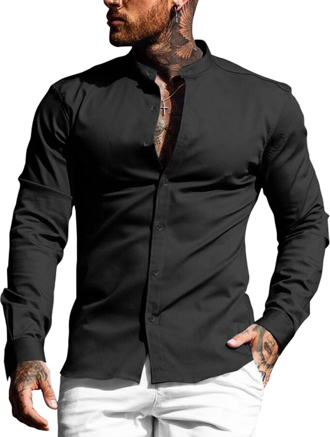 URRU Men's Muscle Dress Shirts Slim Fit Stretch Banded Collar Short Sleeve Casual Button Down ...