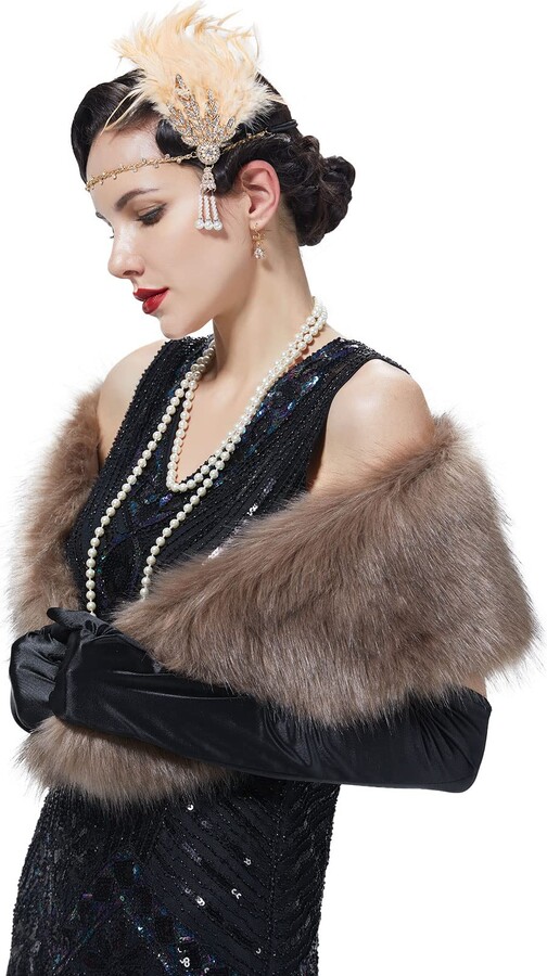 BEAUTELICATE Faux Fur Shawl Collar Wedding Bridal Wrap 1920s Flapper ...