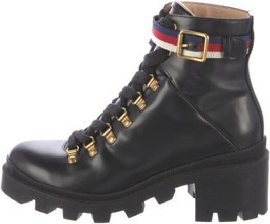 Gucci Sylvie Web Accent Leather Combat Boots - ShopStyle