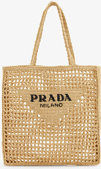 Prada Womens Natural Logo Crochet Straw Tote bag - ShopStyle