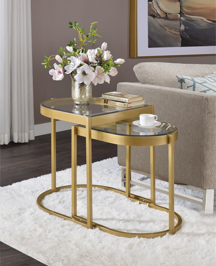 Rasoo Nesting Table set features half oval shaped table top with metal ...