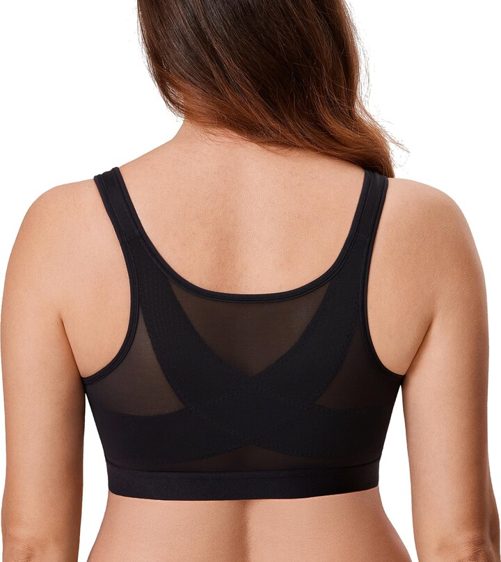 Delimira Women's Front Fastening Bras Posture Full Coverage No Underwire Unlined Back Support ...