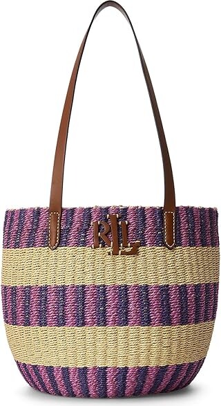 Lauren Ralph Lauren Striped Straw Medium Hartley Tote Bag (Natural ...