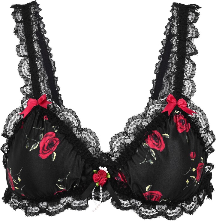 Satini Sissy Frilly Lace Fitted Satin Bralette (Black - Red Roses ...