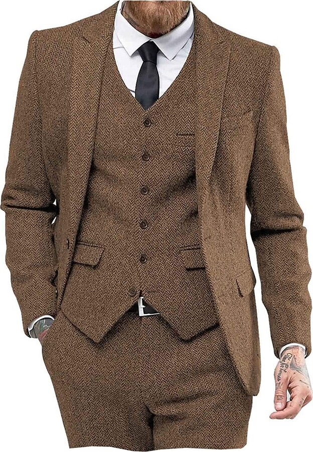 WETRIM Mens Tweed Herringbone Wedding Suit Prom Tuxedos 3 Piece Peak ...