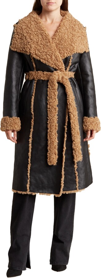 Donna Karan Belted Faux Shearling Lined Faux Leather Coat - ShopStyle