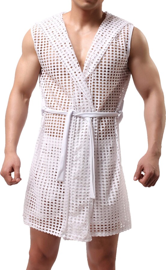 Linemoon Mens Sexy See Through Towel Bath Robe Hooded Mesh Transparent ...