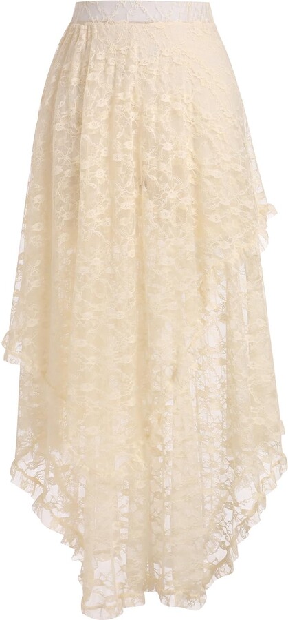 ABAFIP Women's High Waist Sheer Lace Tulle Floral Long Skirt Layered ...