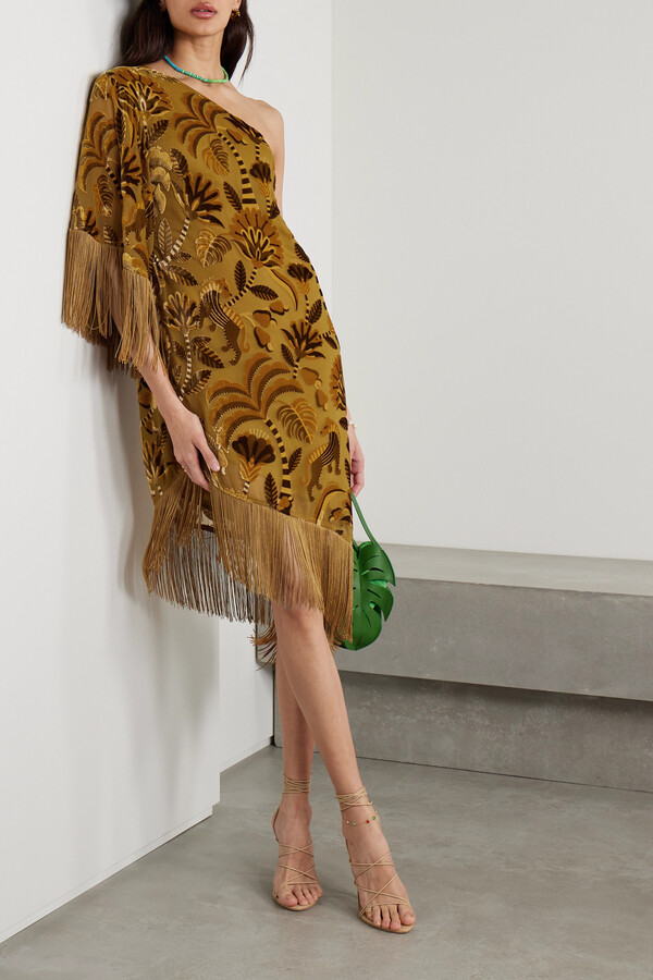 Farm Rio Asymmetric One-sleeve Fringed Devoré-velvet Dress - Gold ...