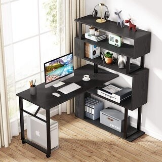 Tribesigns Rotating Computer Desk with Storage Bookshelf Reversible L ...